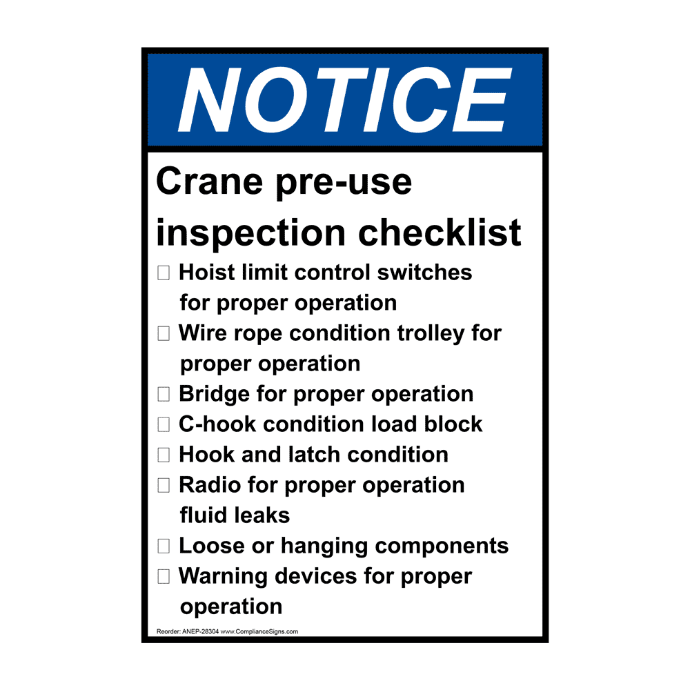 Vertical Crane Pre-Use Inspection Sign - ANSI Notice - Machine Safety