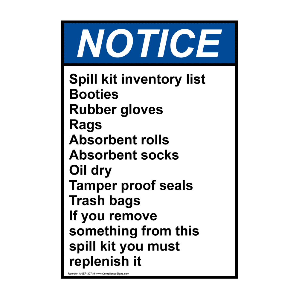 Vertical Spill Kit Inventory List Booties Sign - ANSI Notice