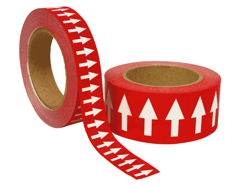 ASME A13.1 Roll Of White Arrows On Red Tape ArrowRoll-WHTonRed