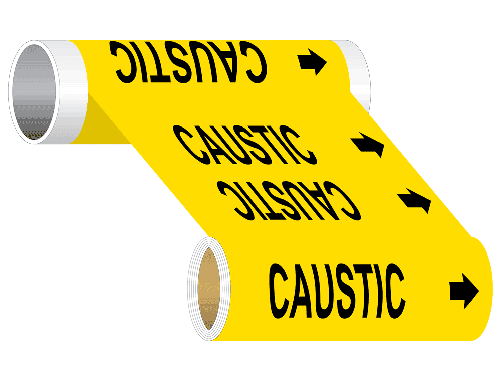 ASME A13.1 Caustic Black On Yellow Wide Pipe Label PIPE-23155-WR-BLKonYLW