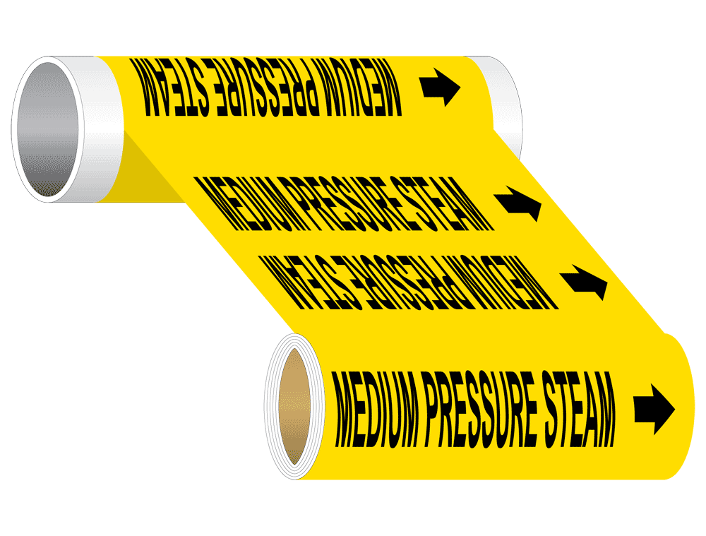 ASME A13.1 Medium Pressure Steam Wide Pipe Label PIPE-23885-WR-BLKonYLW