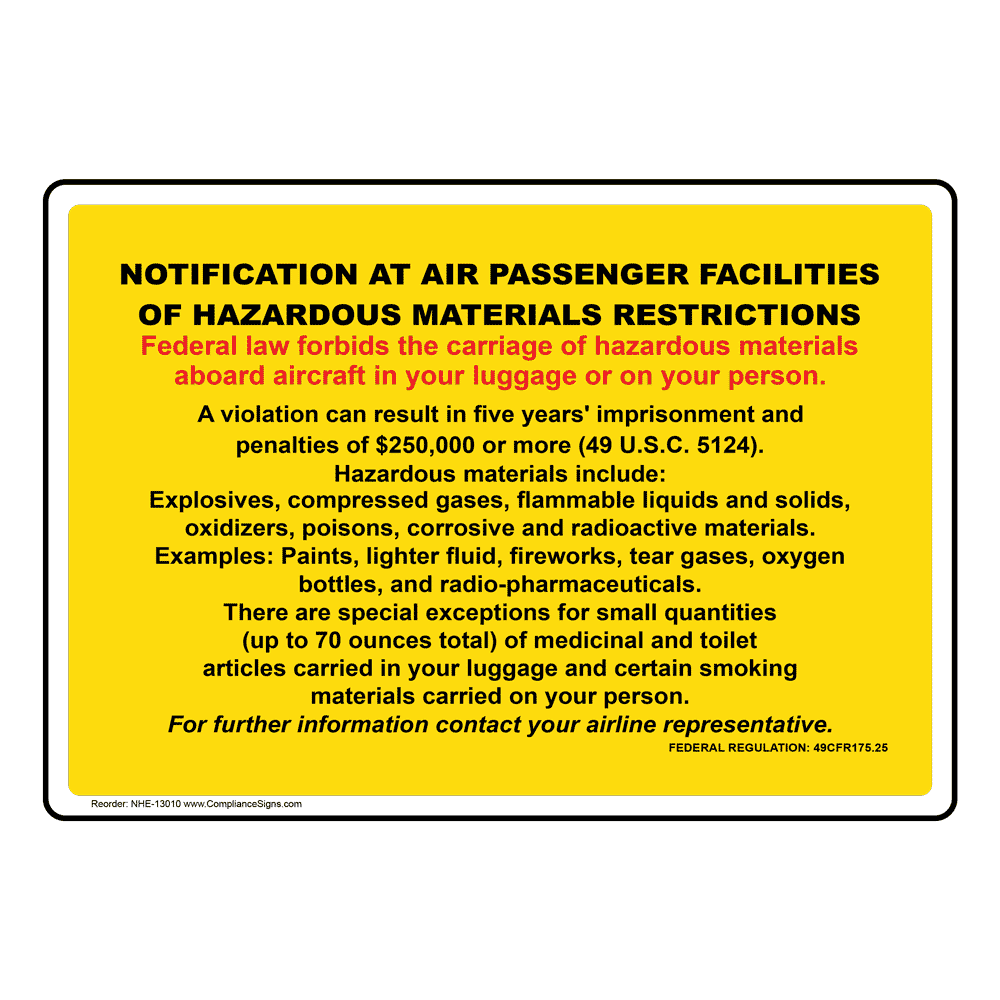 Carriage by Aircraft Passenger Hazmat Sign - Yellow