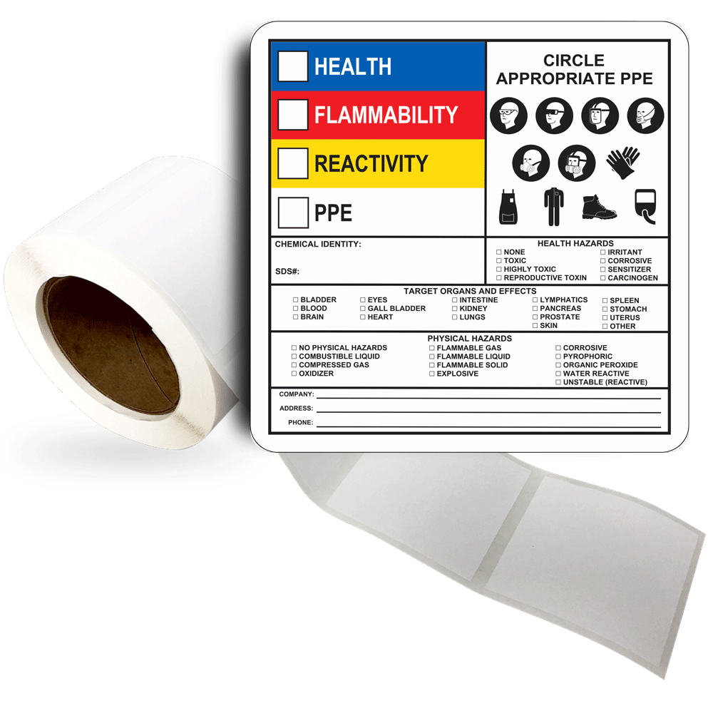 Roll of Hazmat Labels - Health Flammability Ppe Circle - 5 Mil Poly