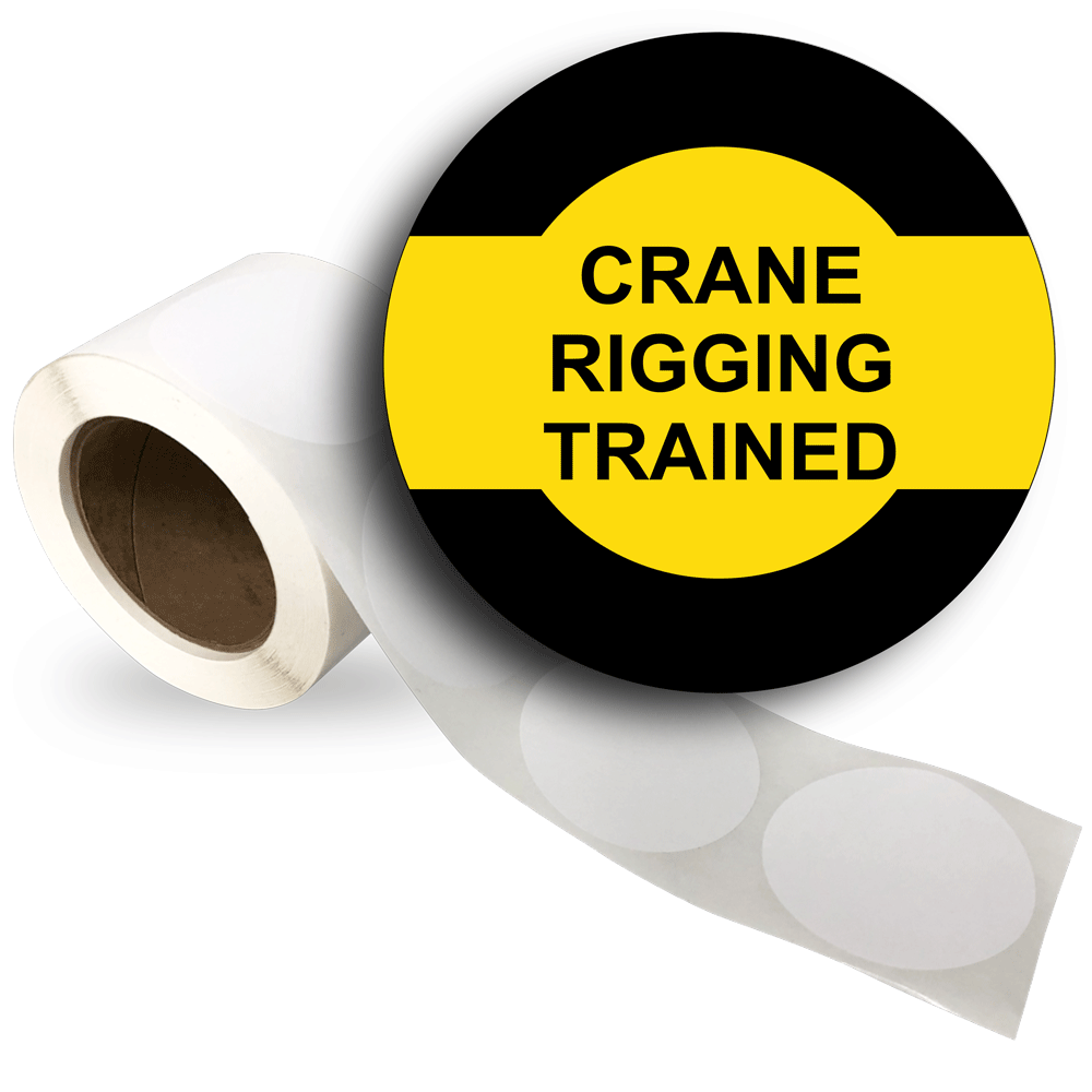 Crane Rigging Trained Helmet Labels on a Roll - Round Yellow