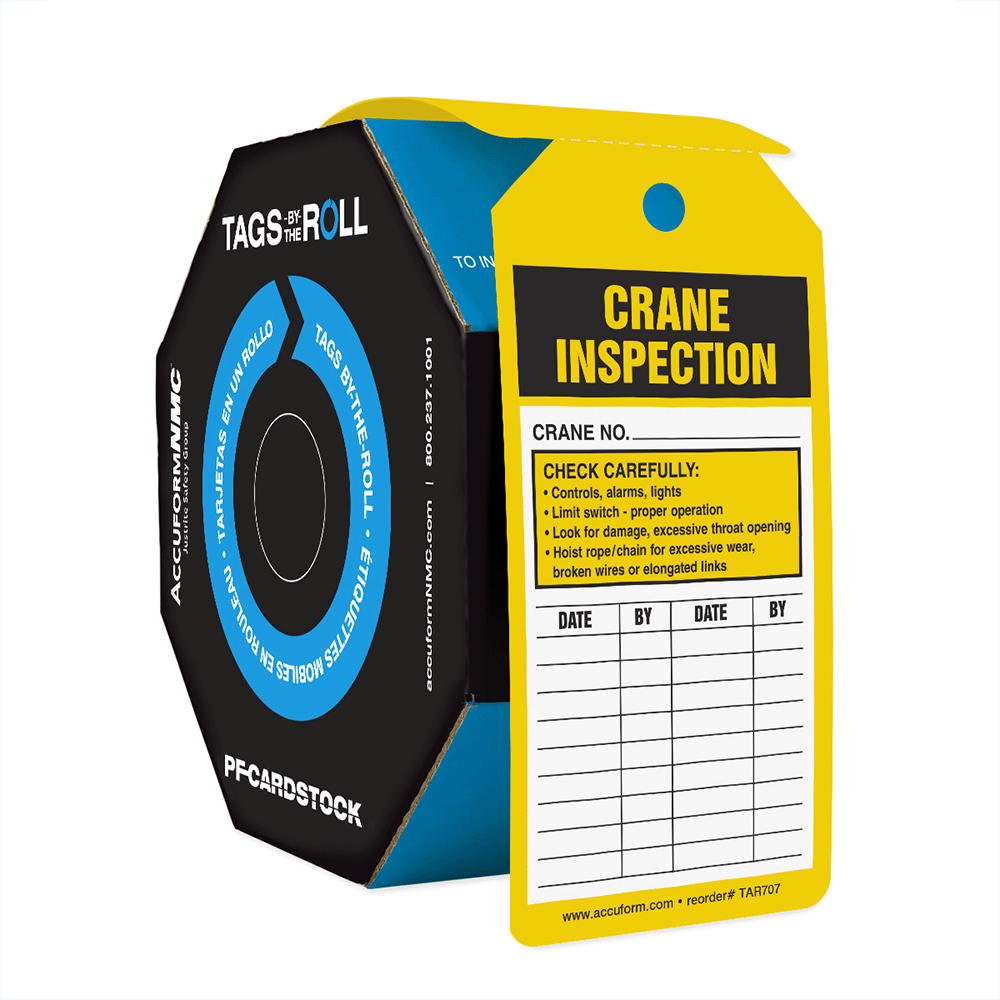 Crane Inspection Safety Tags - 100 Tag Roll - Dispenser Box