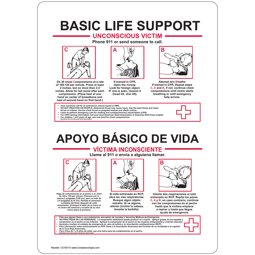 English + Spanish Vertical Sign - First Aid - Basic Life Support