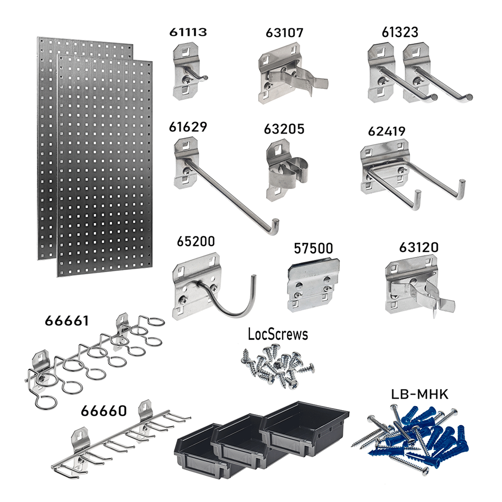 Stainless Steel LocBoard 2 Panel Pegboard, 32 Hooks, 3 Bins - 5S Product