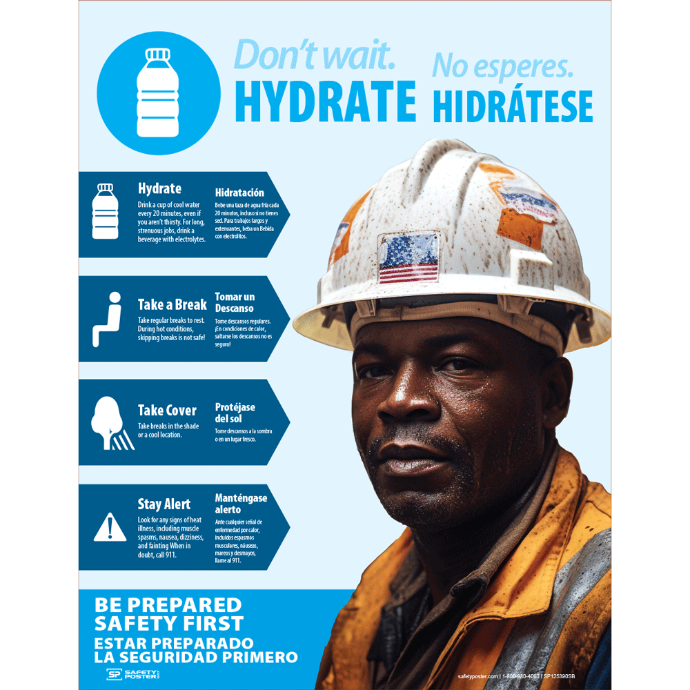 Bilingual Heat Safety Poster - Don't Wait Hydrate - 22 x 17 inch