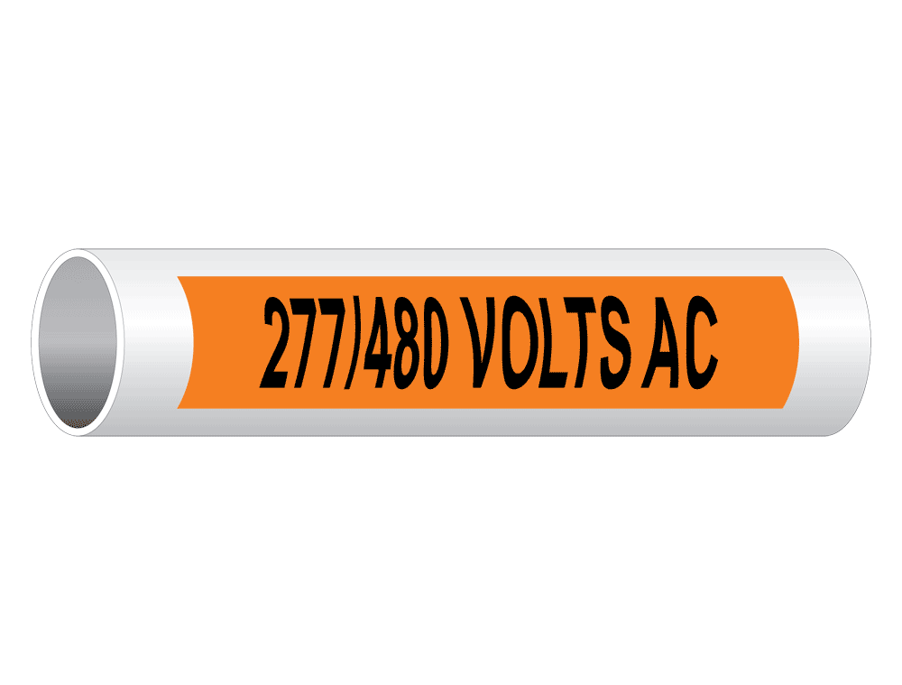 277 480 Volts AC Pipe Label PIPE-715-BLKonORNG