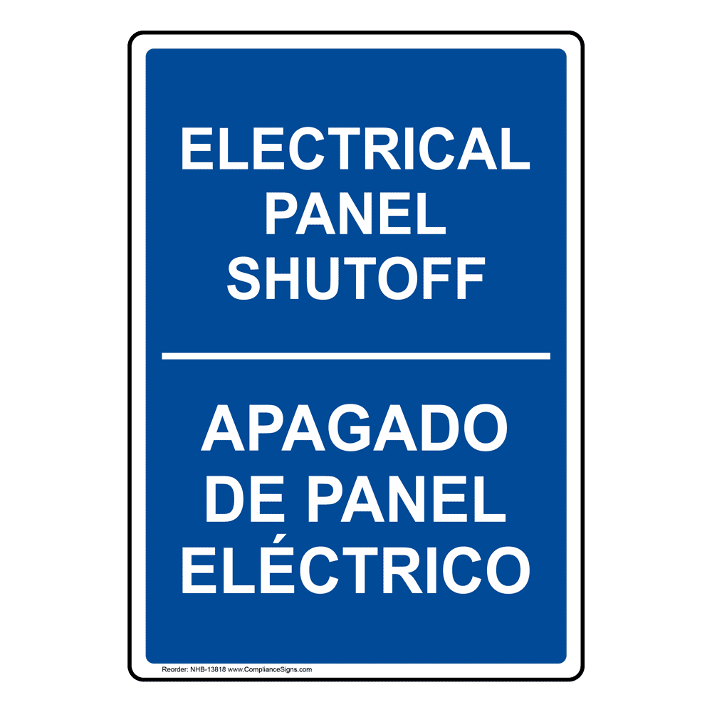 English + Spanish Vertical Sign - Electrical Panel Shutoff - Made in USA