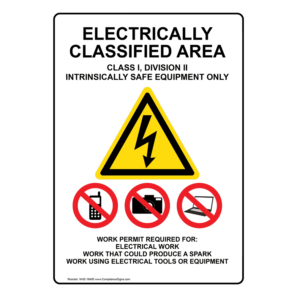 White Electrically Classified Area Sign - Vertical with Symbol