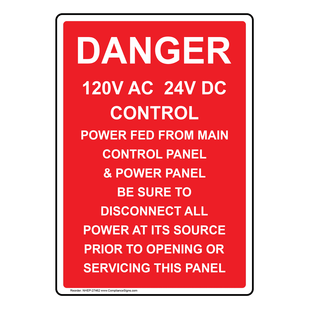 Red Vertical Sign - Danger 120V Ac & 24V Dc Control Power