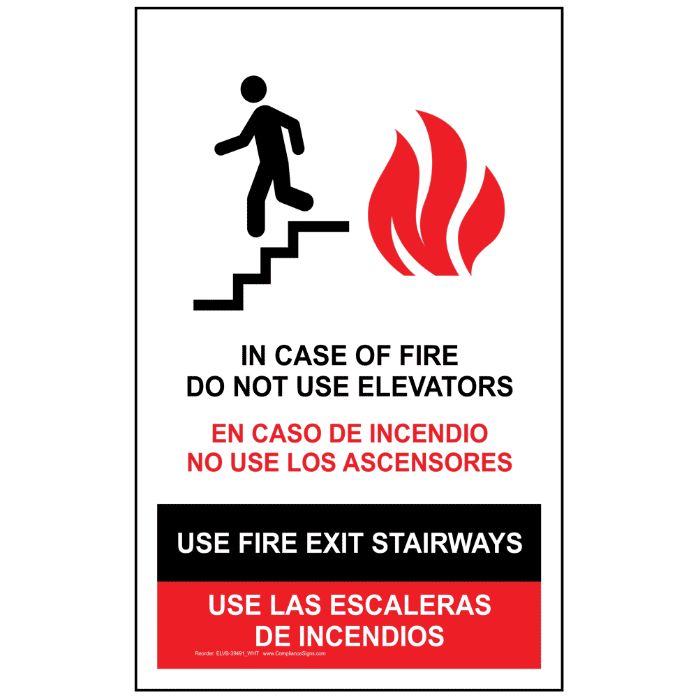 English + Spanish Sign - In Case Of Fire Use Fire Exit Stairways