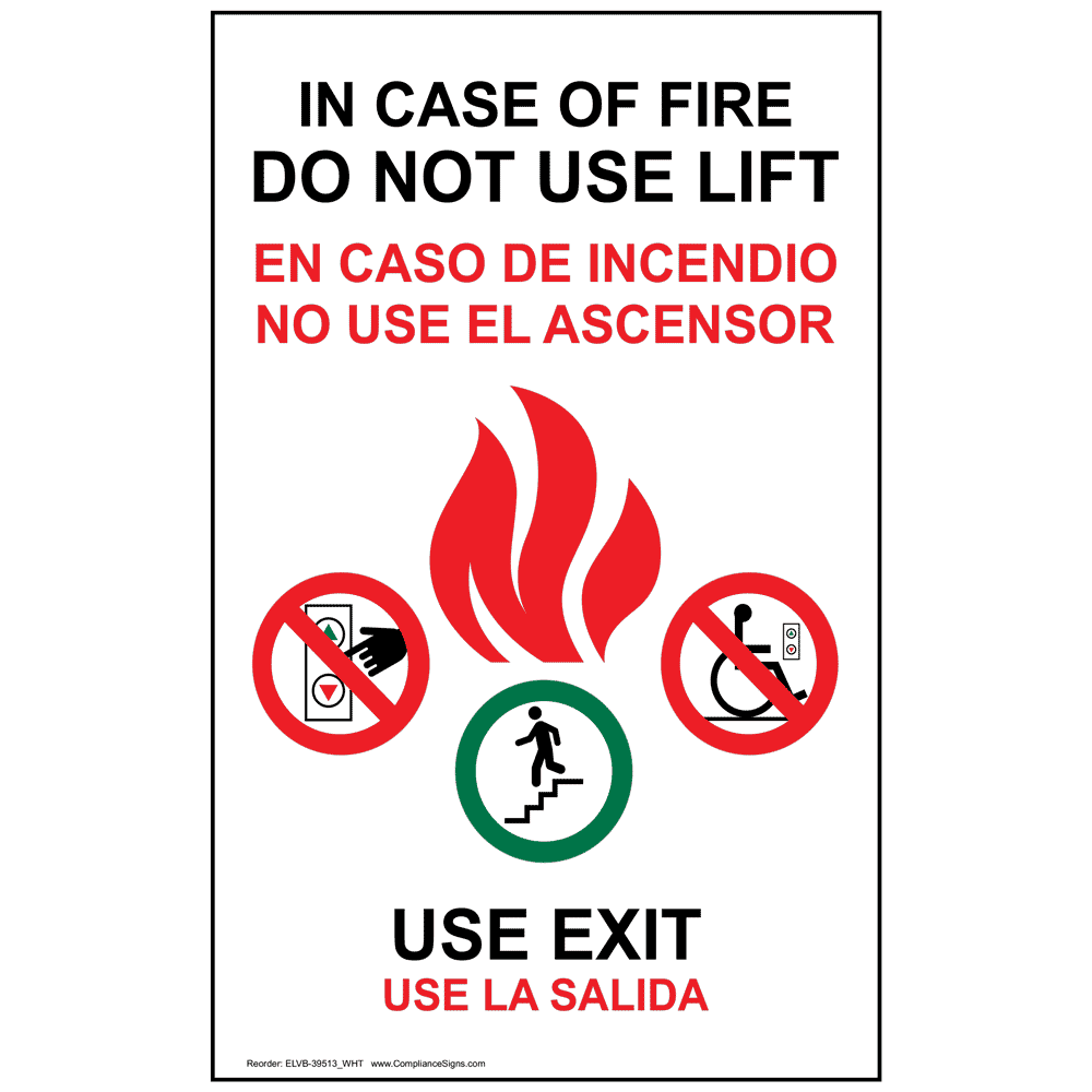 English + Spanish Vertical Sign - In Case Of Fire Do Not Use Lift
