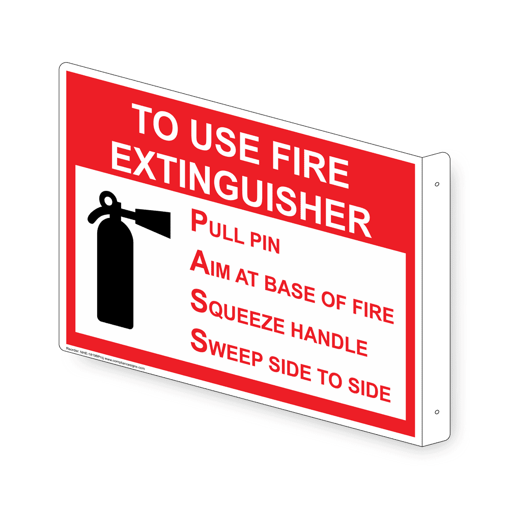 To Use Fire Extinguisher Pull Pin Aim At Base Sign NHE-18198Proj