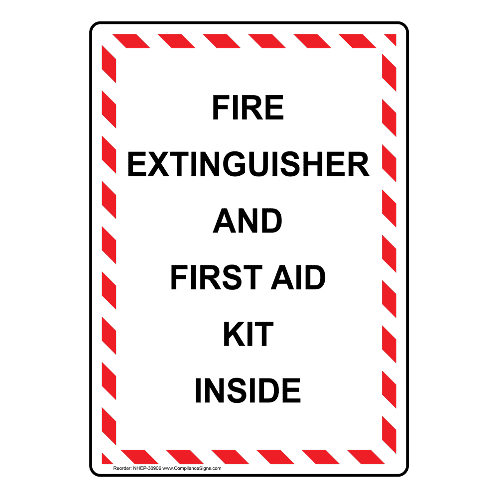 Vertical Sign - First Aid - Fire Extinguisher And First Aid Kit Inside