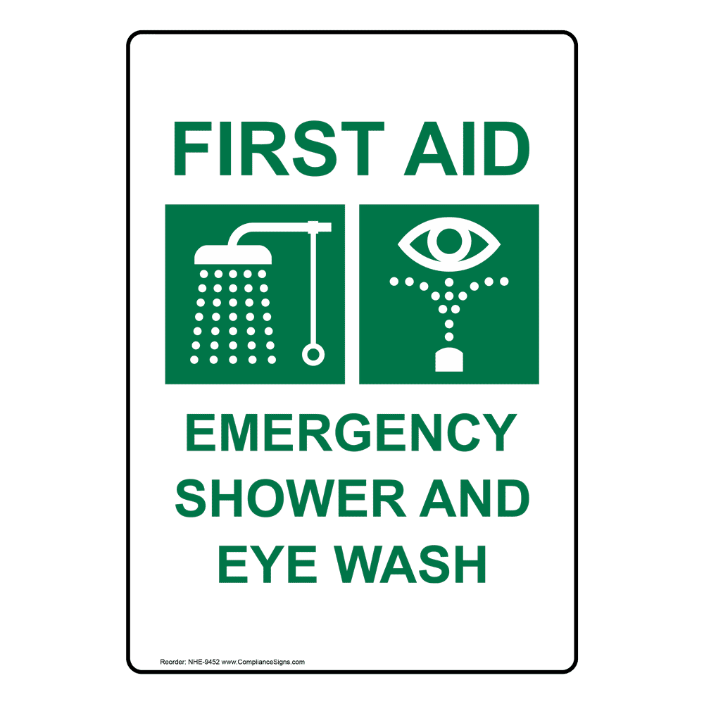 White Vertical Sign - First Aid Emergency Shower And Eye Wash Sign