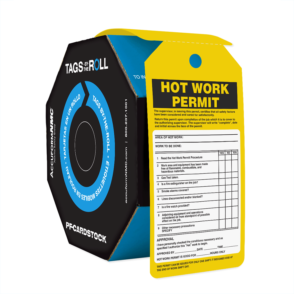 Hot Work Permit Safety Tags - 100 Tag Roll - Dispenser Box