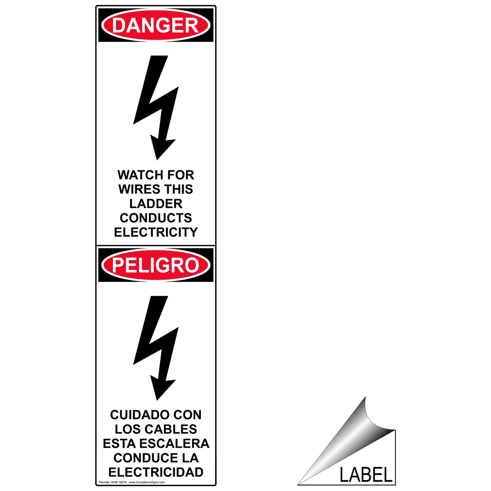 Ladder Safety Label - English + Spanish - Ladder Conducts Electricity