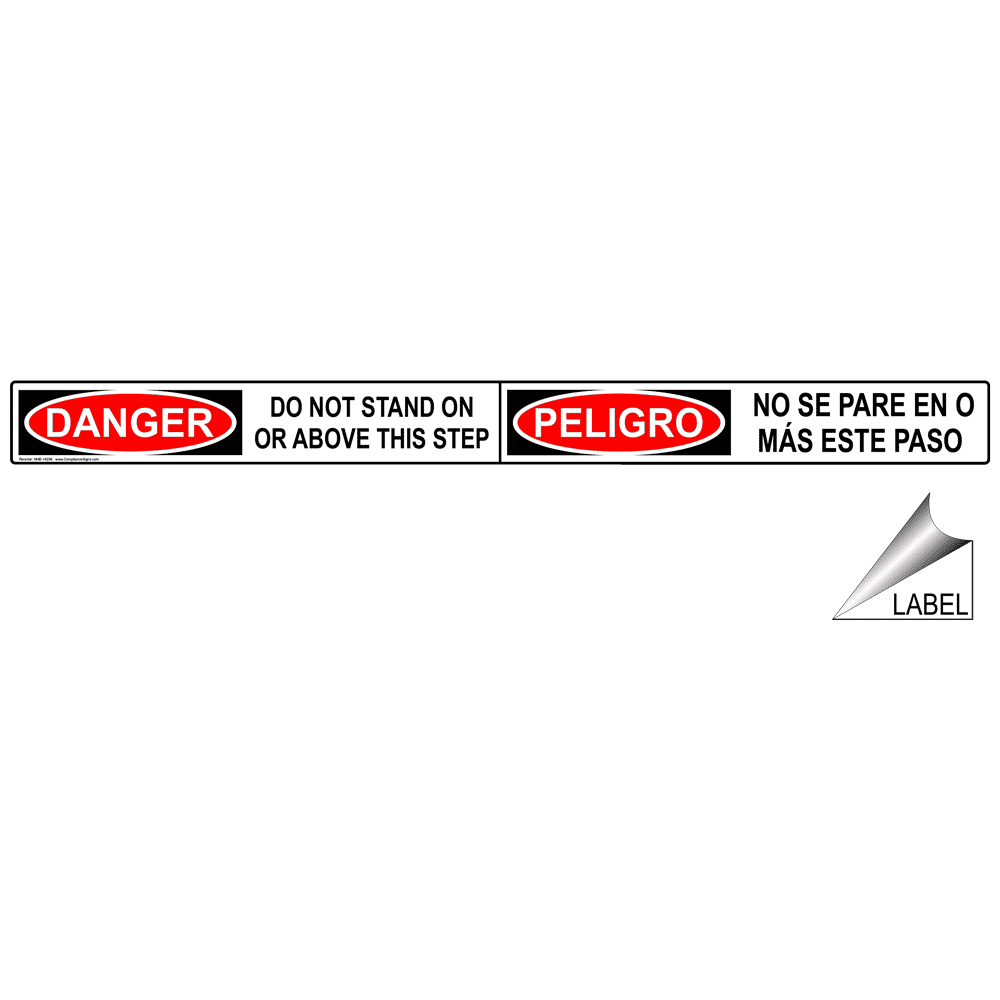 Ladder Safety Label - English + Spanish - Danger Do Not Stand Above Step