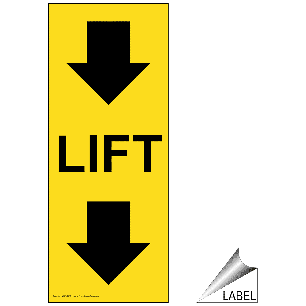Crane Lift With Down Arrows Label / Sticker - Yellow - US Made