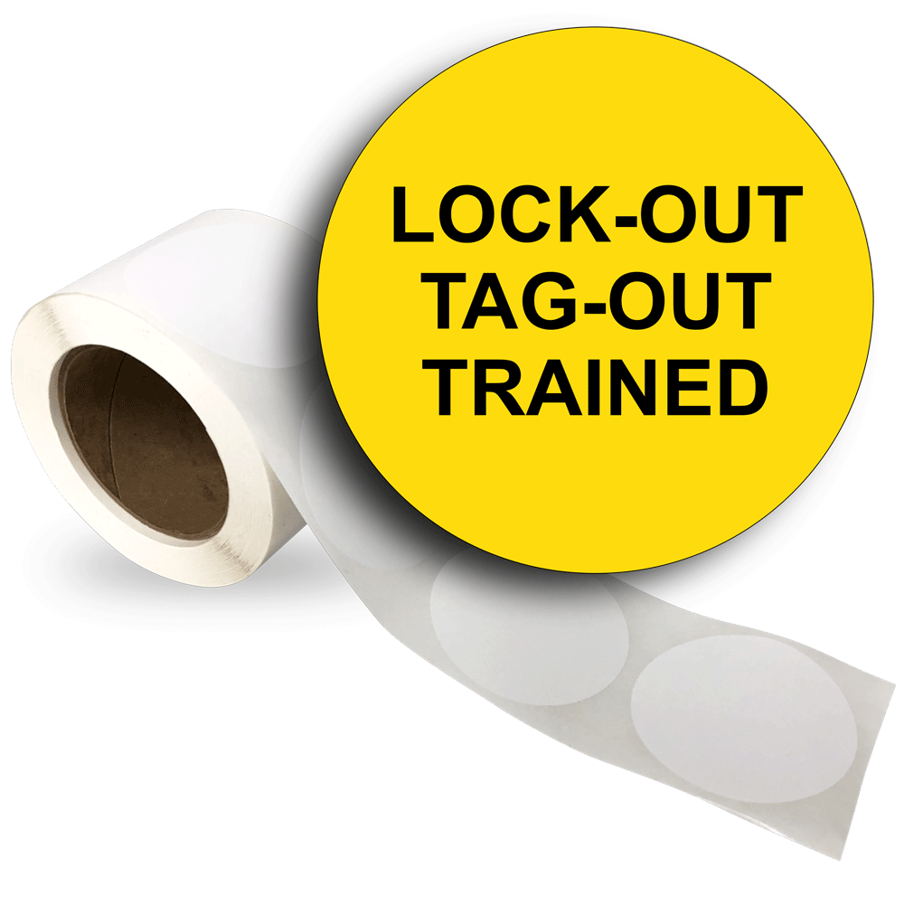 Lock-Out Tag-Out Trained Helmet Labels on a Roll - Round Yellow