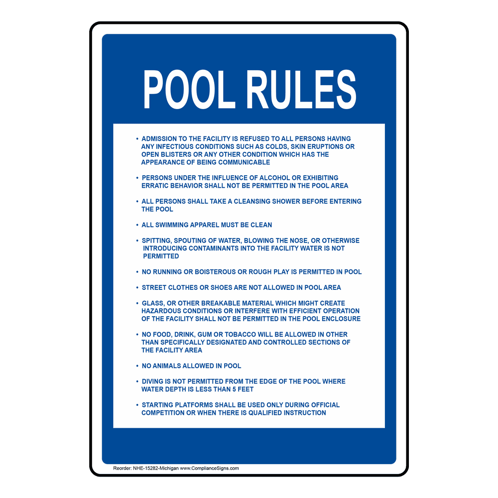 Pool Rules Sign NHE-15282-Michigan Swimming Pool / Spa