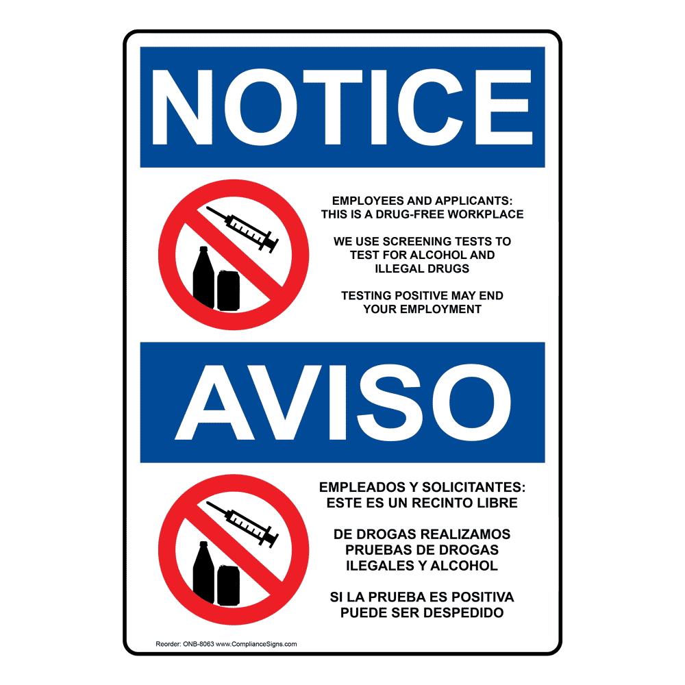 Vertical Drug-Free Workplace Bilingual Sign With Symbol - OSHA NOTICE