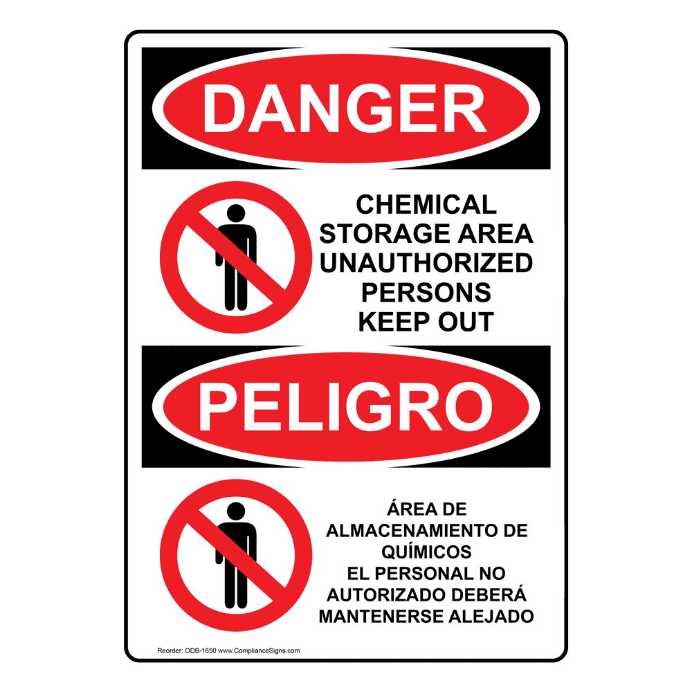 Vertical Chemical Storage Area Keep Out Bilingual Sign - OSHA DANGER