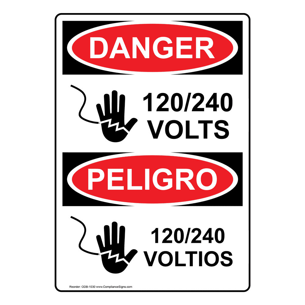 Vertical 120 240 Volts Bilingual Sign - OSHA DANGER