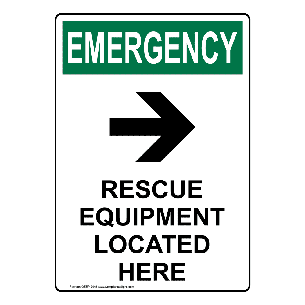 Vertical Rescue Equipment Located Here Sign - White - OSHA