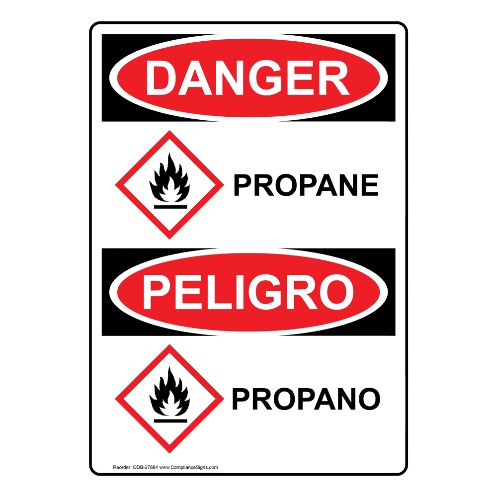 Vertical OSHA-GHS Danger Sign or Label - Propane - Propano - Flammable