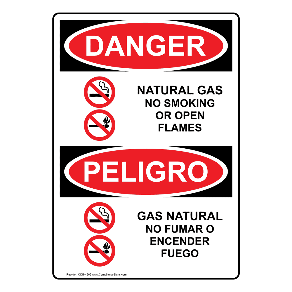 Vertical Natural Gas No Smoking Bilingual Sign - OSHA DANGER