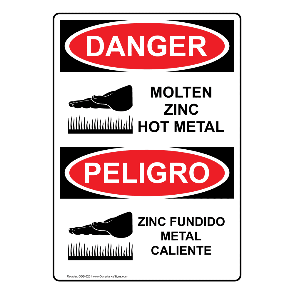 Vertical Molten Zinc Hot Metal Bilingual Sign - OSHA DANGER