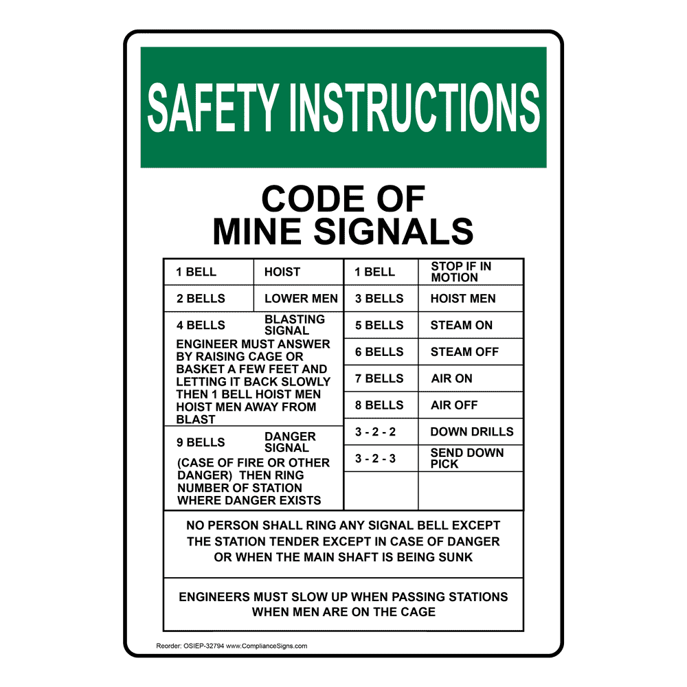 Vertical Code Of Mine Signals 1 Bell Hoist - OSHA SAFETY INSTRUCTIONS