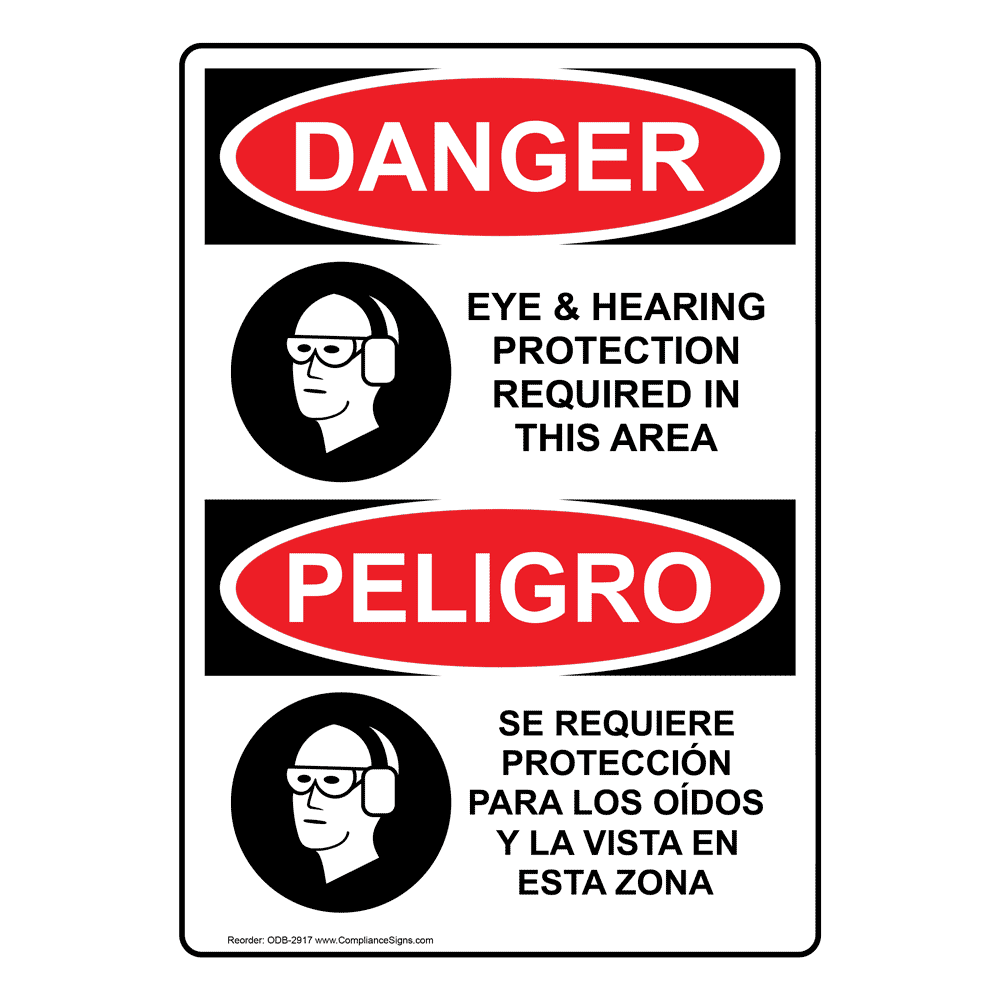 Vertical OSHA DANGER Eye & Hearing PPE Sign - Symbol - Bilingual