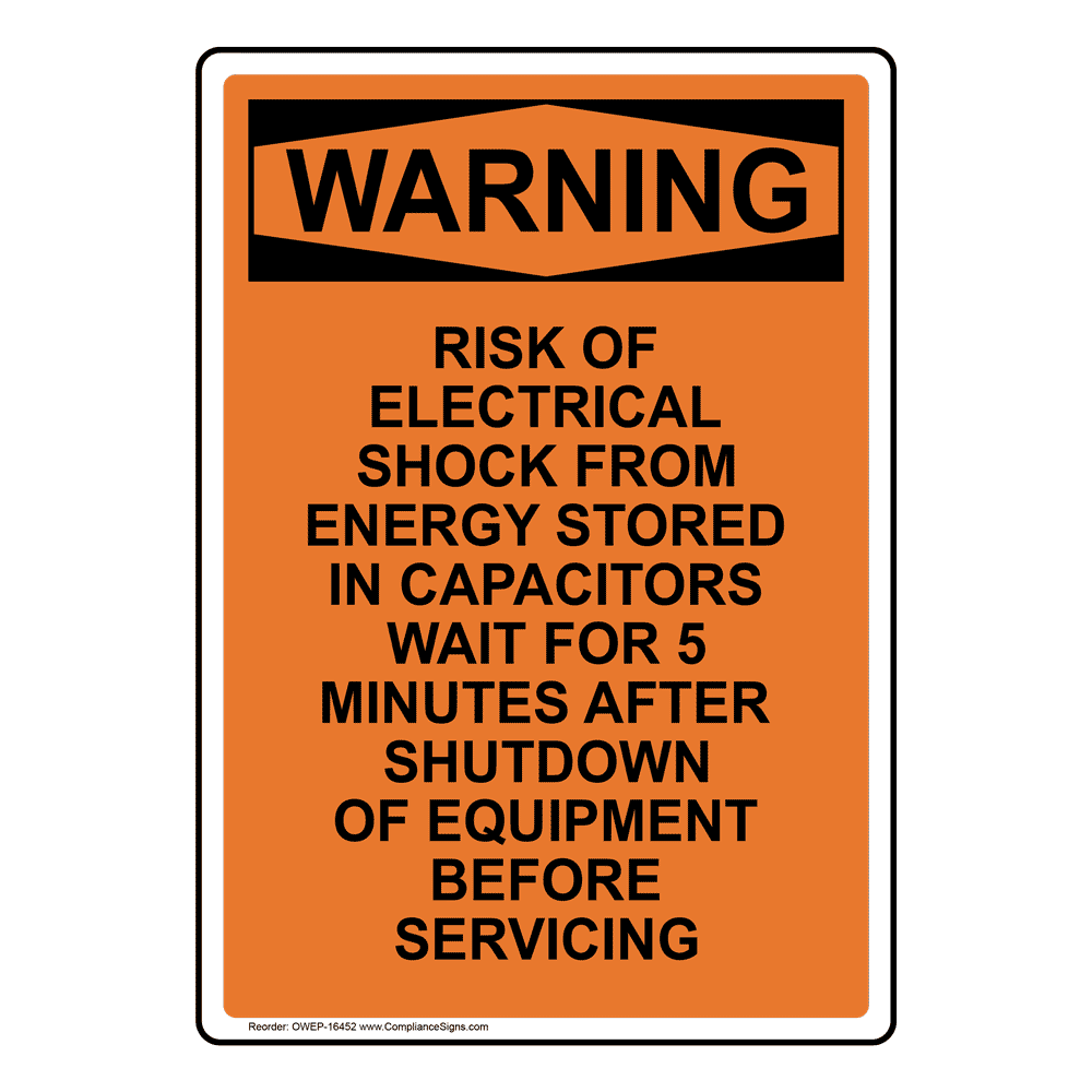 Vertical Risk Of Electrical Shock Wait 5 Minutes Sign - OSHA WARNING