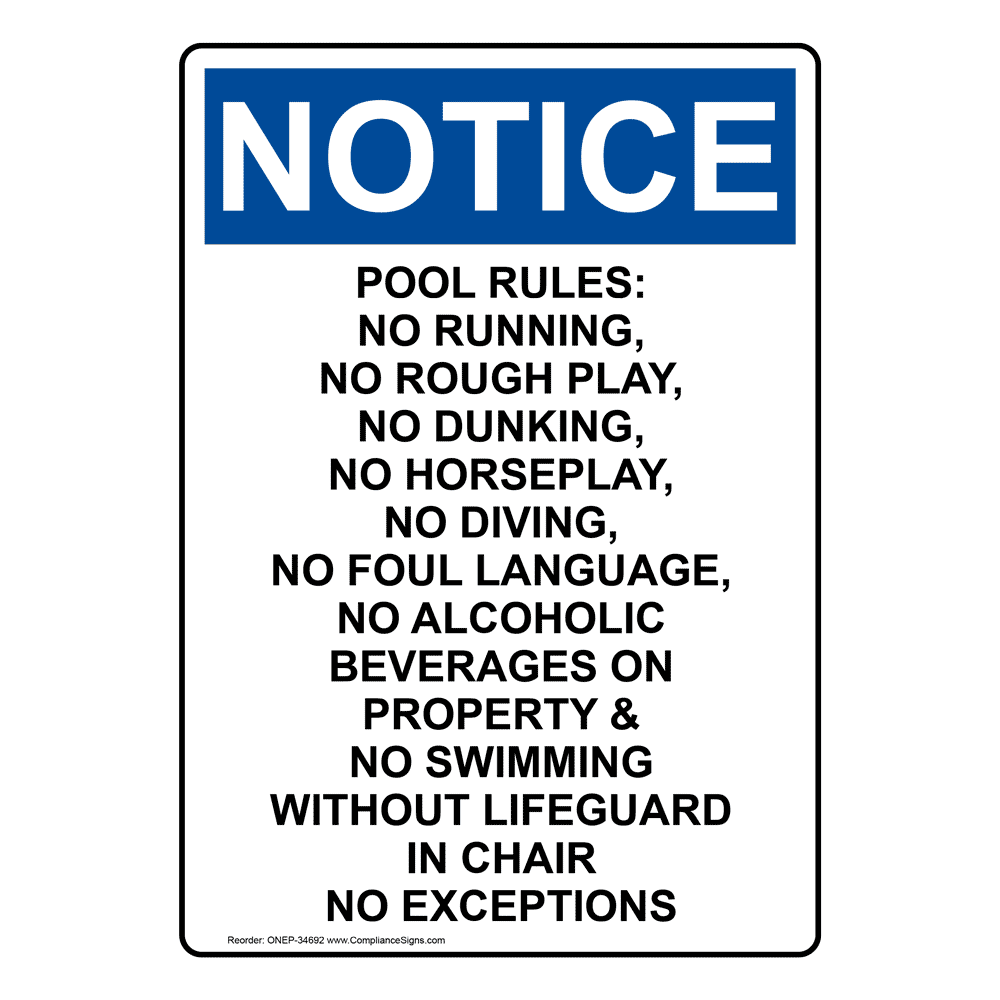 Vertical Pool Rules: No Running, No Rough Sign - OSHA NOTICE