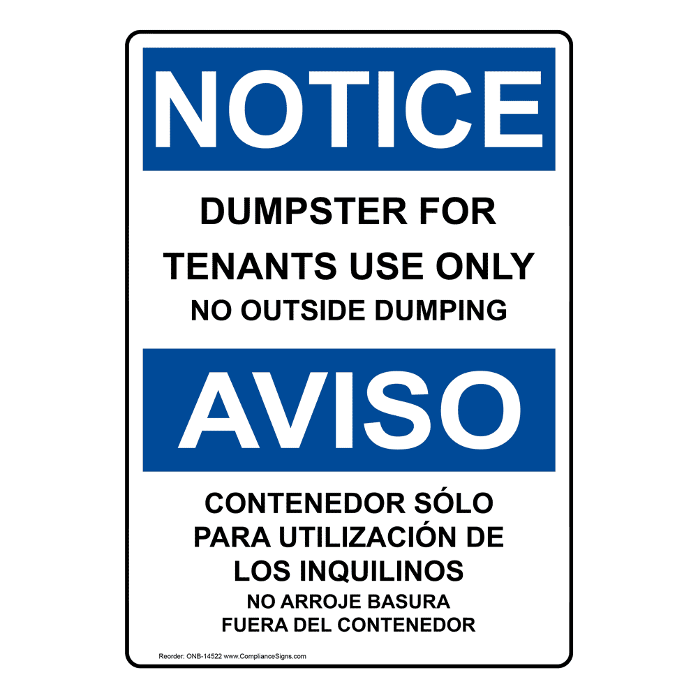Vertical Dumpster For Tenants Use Only Bilingual Sign - OSHA NOTICE