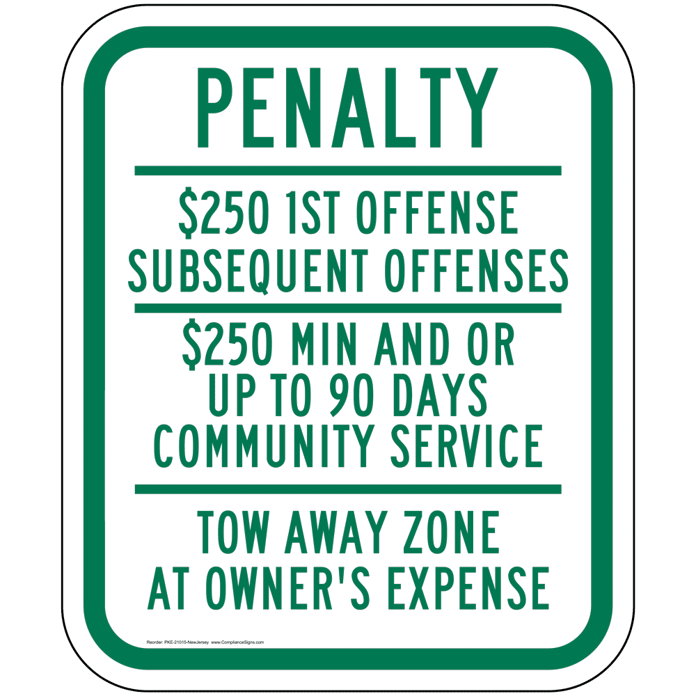 New Jersey ADA Sign - Penalty $250 1St Offense - Made in USA