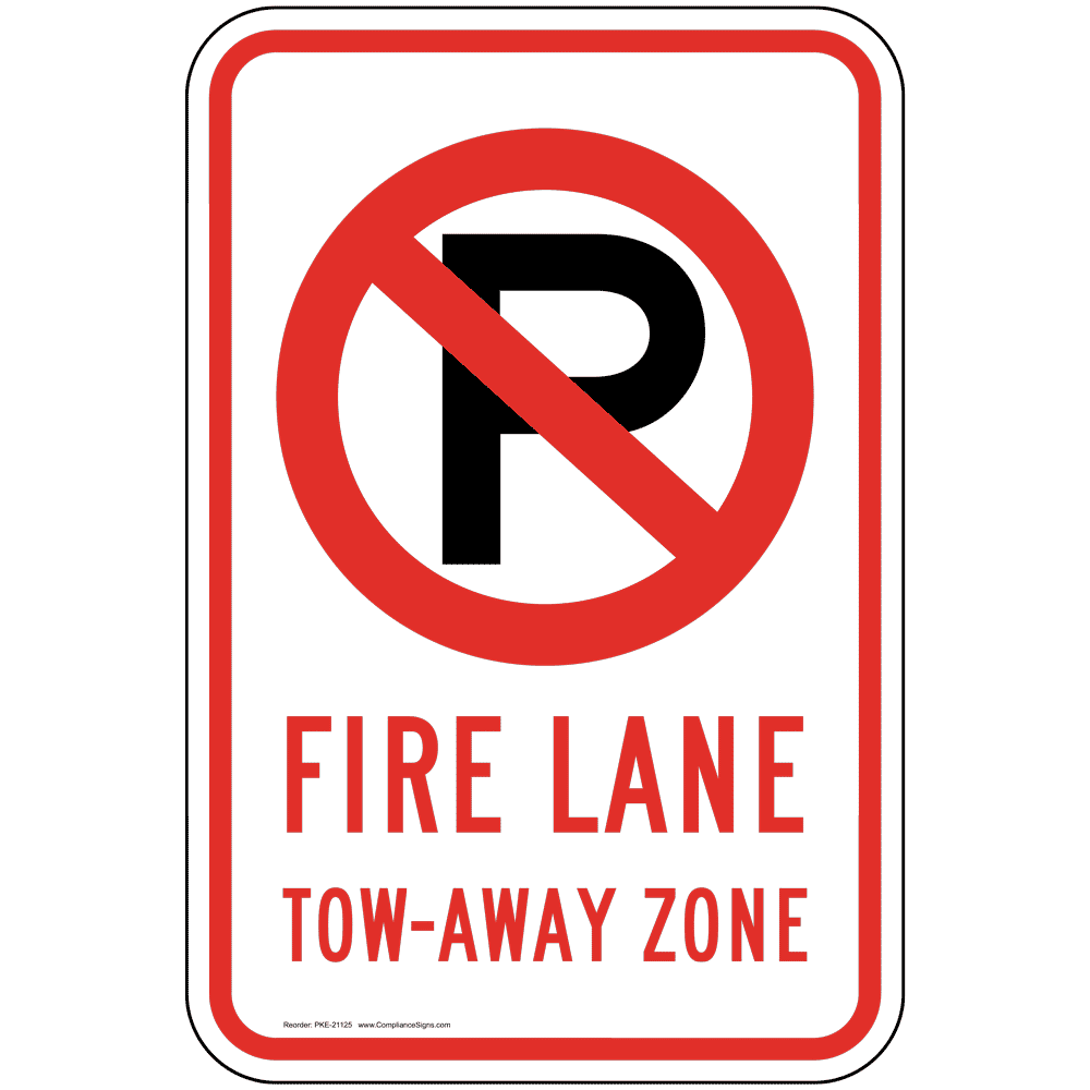 White Reflective Vertical Sign - Fire Lane Tow Away Zone With Symbol