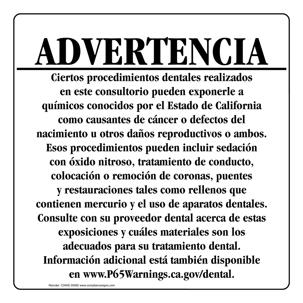Prop 65 Nitrous-Oxide Dental Warning Spanish Sign - White