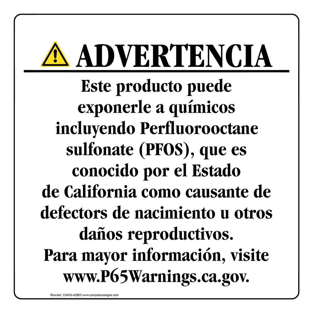 Spanish Product Warning Sign - Prop 65 - Perfluorooctane-Sulfonate