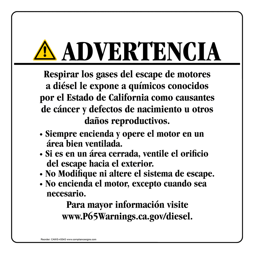 Prop 65 Diesel-Engine-Exhaust Diesel Warning Spanish Sign
