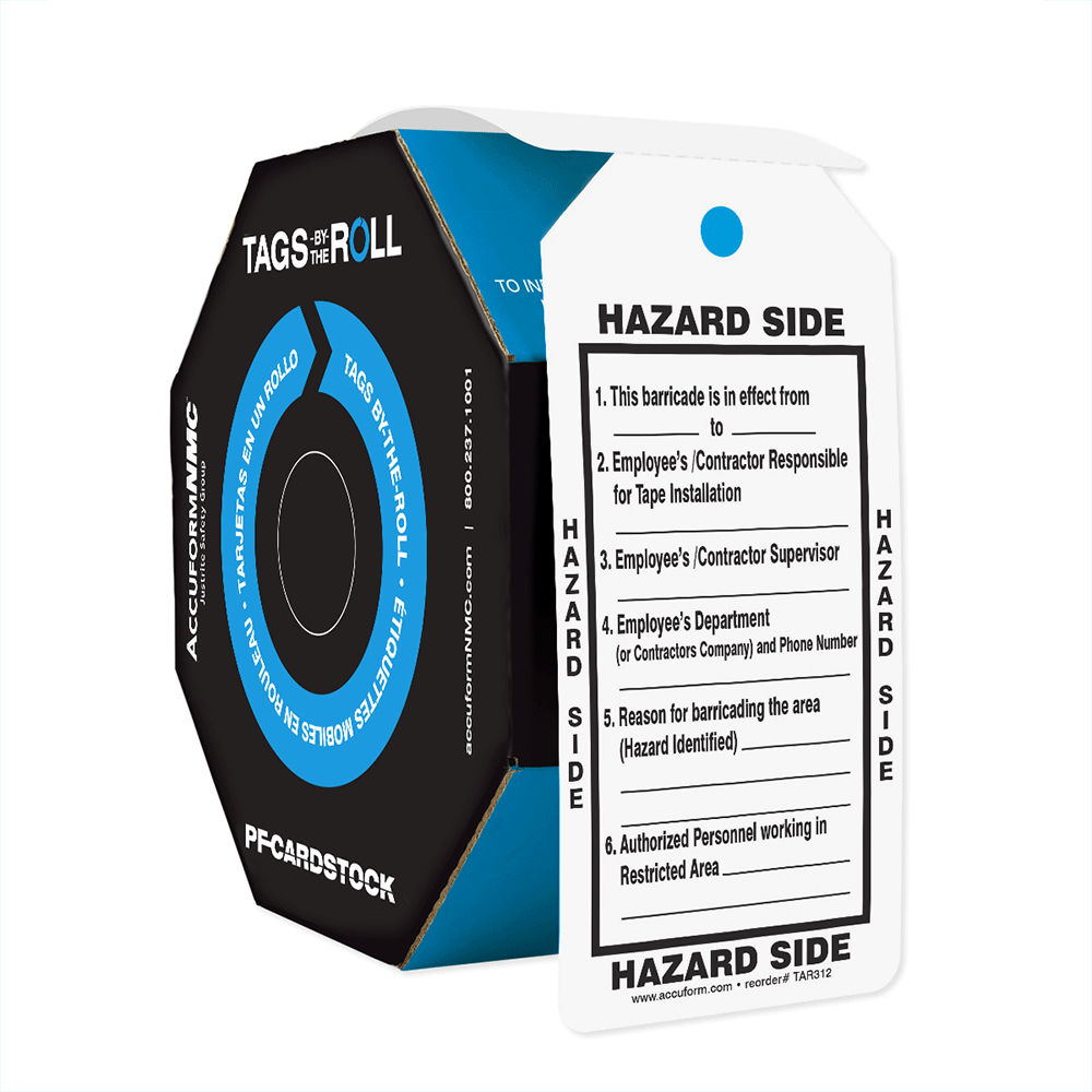 Hazard Barricade Safety Tags - 100 Tag Roll - Dispenser Box