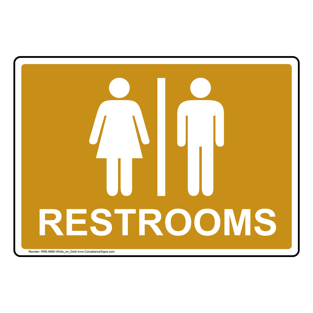 White-On-Gold Restrooms Directional Sign With Symbol - US Made