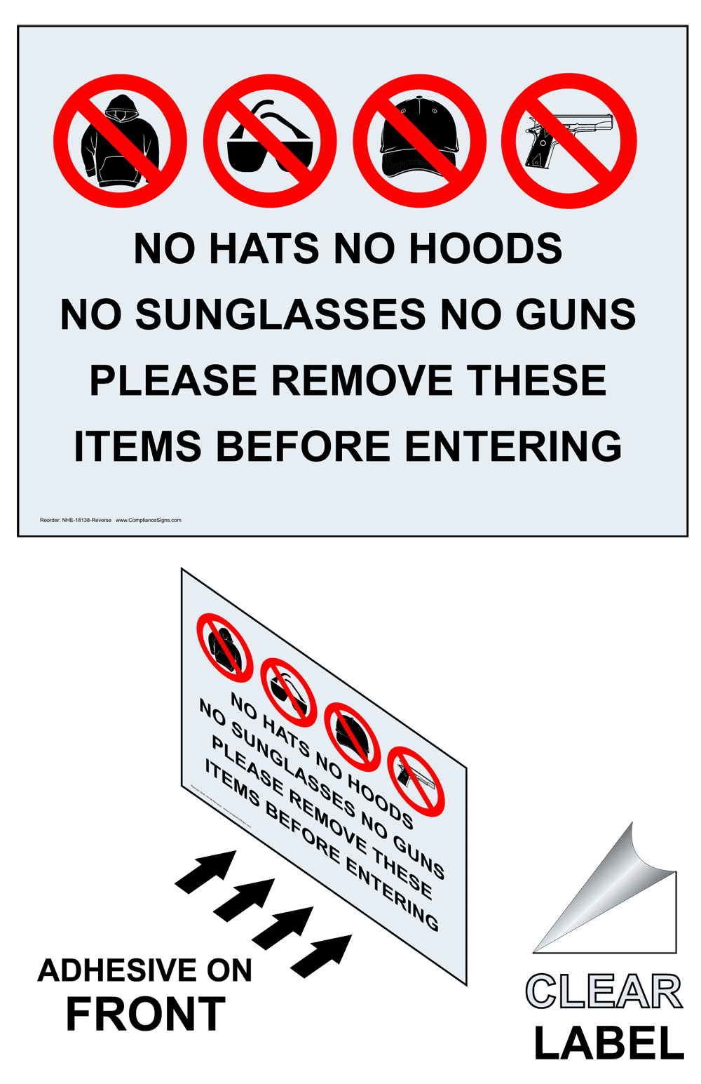 No Hats Hoods Sunglasses Guns Please Remove Label NHE-18138-Reverse