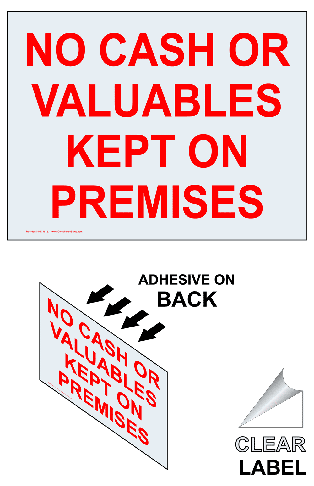 No Cash Or Valuables Kept On Premises Label NHE-18453 Security Notice
