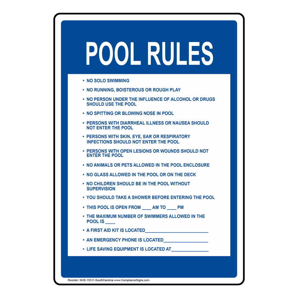 Pool Rules Sign NHE-15311-SouthCarolina Swimming Pool / Spa