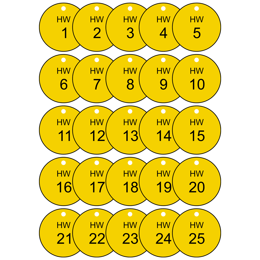 Numbered Valve Marker Tags Set - HW Hot Water 1-25 - Yellow